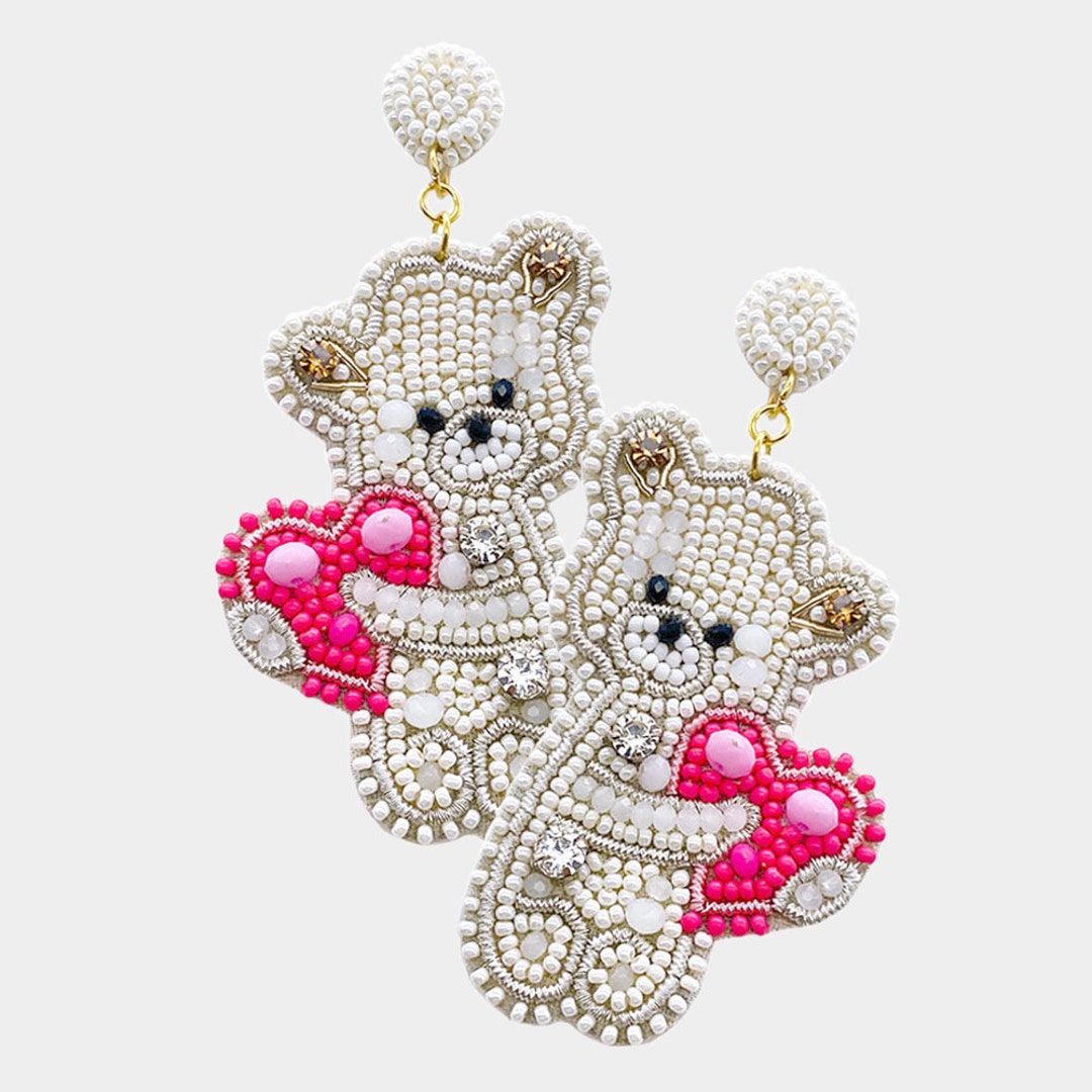 Bear Holing Heart Earrings Bear Earrings Teddy Bear Beaded Dangle ...