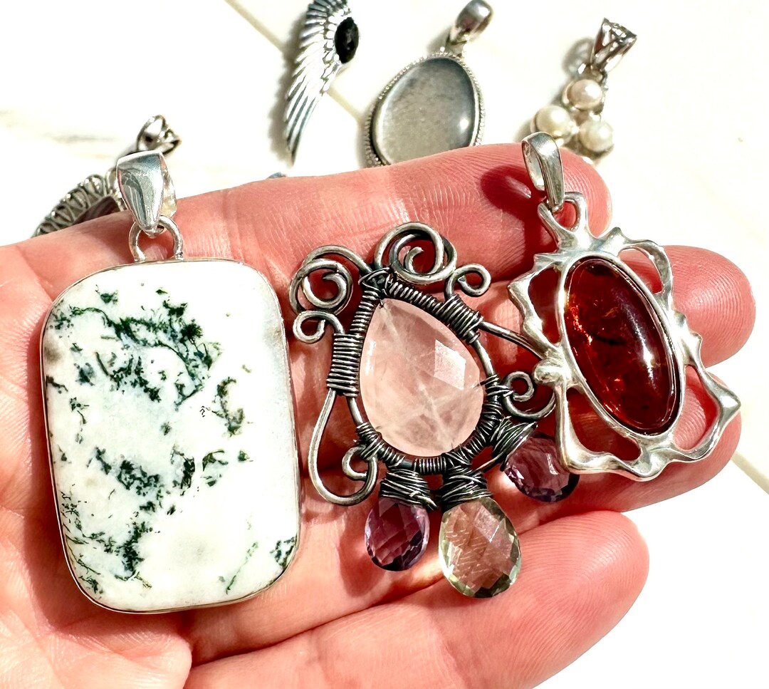 Beautiful 10 Pendants Solid 925 Sterling Silver, Mix Natural Gemstone ...