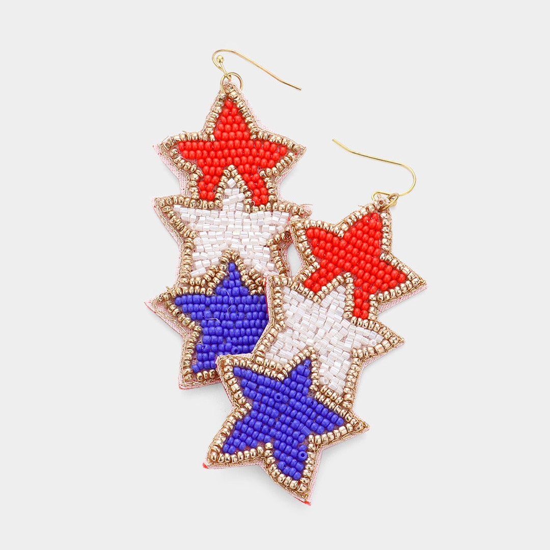 American USA Flag Beaded Triple Star Dangle Earrings Star - Etsy