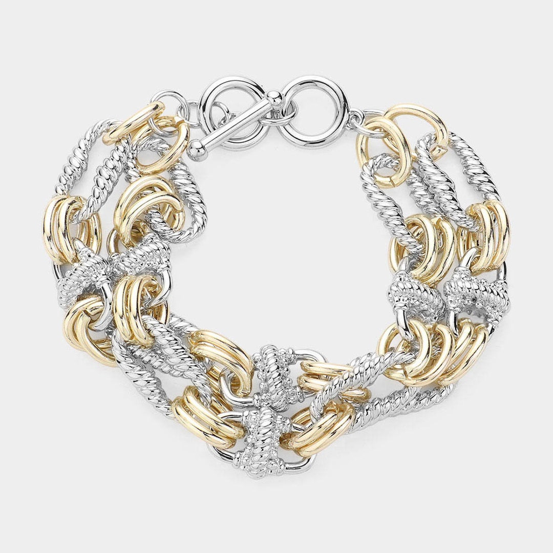 14K Gold Plated Two Tone Double Layered Wire Link Toggle Bracelet ...