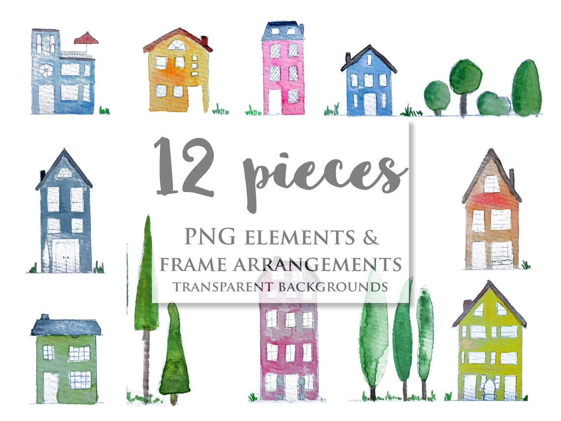 Watercolor Houses Set: Hand-painted, High Quality Clip Art for Instant ...