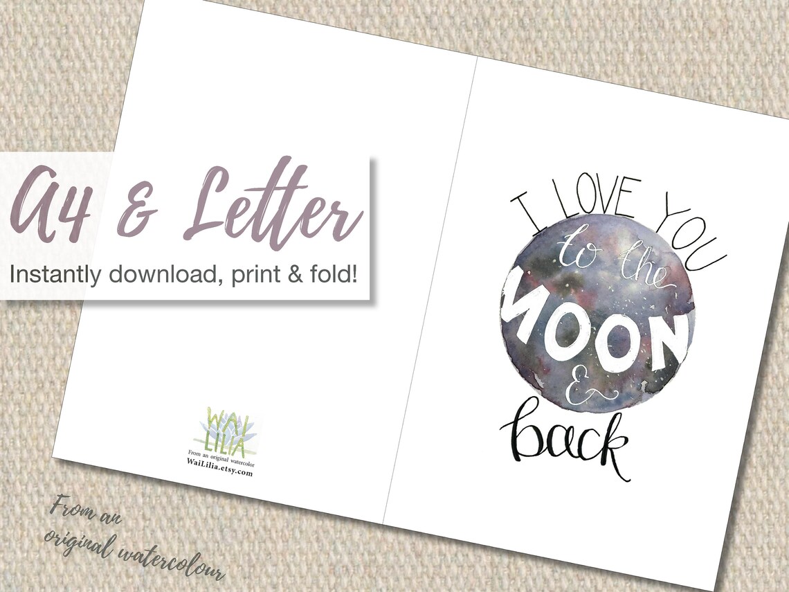 Printable Card: I Love You to the Moon & Back - Watercolor Original ...