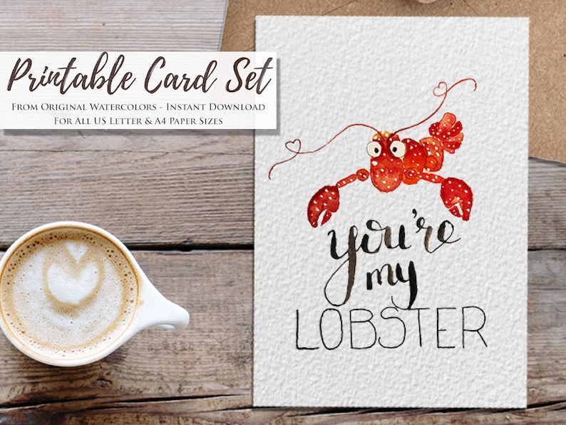 Printable Card Set: "you're My Lobster", Hand-painted Original ...