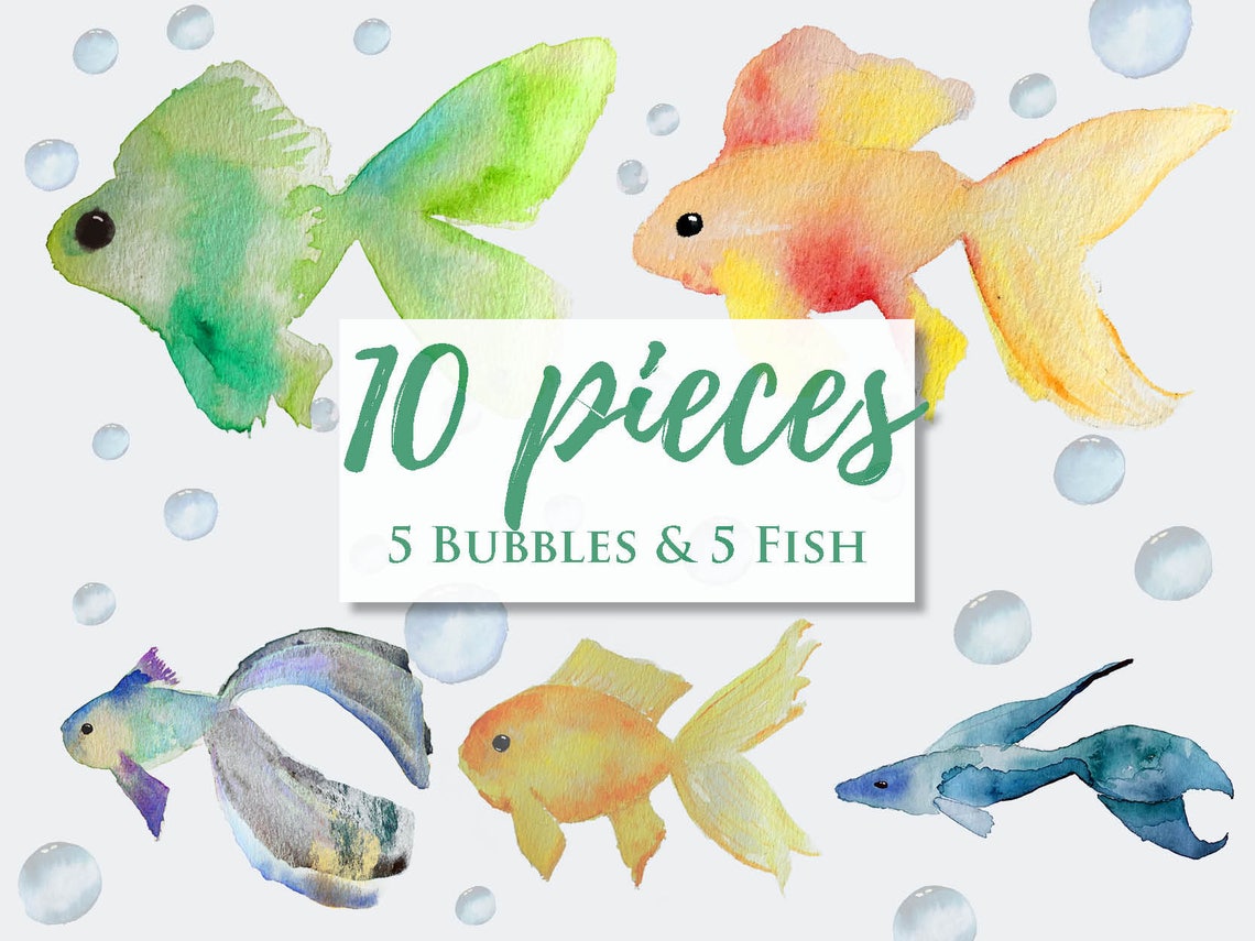 Watercolor Fish & Bubbles Clip Art Set: Hand Painted Images. Instant ...