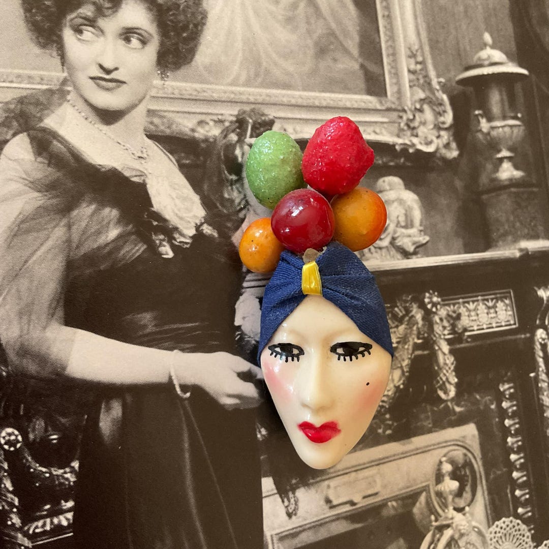 Vintage 1980's Brooch Pin Lady Face in Fruit Hat Turban Looks Like ...