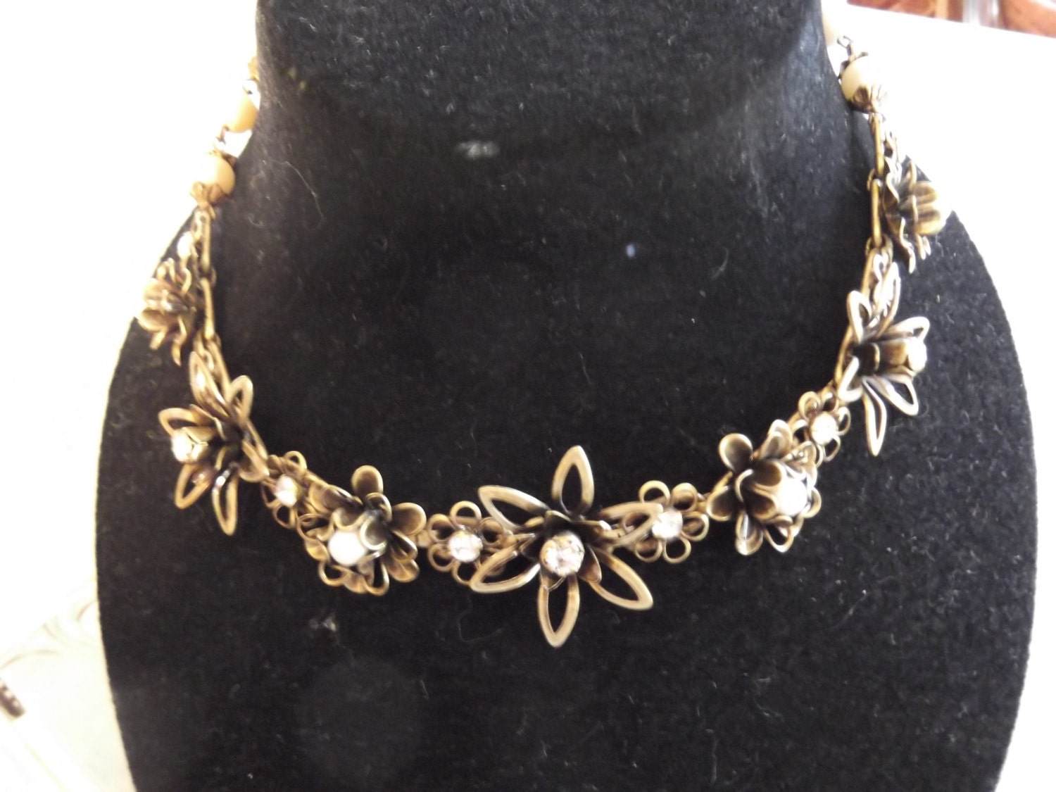 Vintage 1990s Necklace Choker Bronze Pearl Rhinestones Deadstock With ...