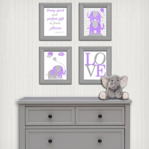 Elephant Nursery Art, Grey and Purple, Baby Girl Room Decor, Bible ...