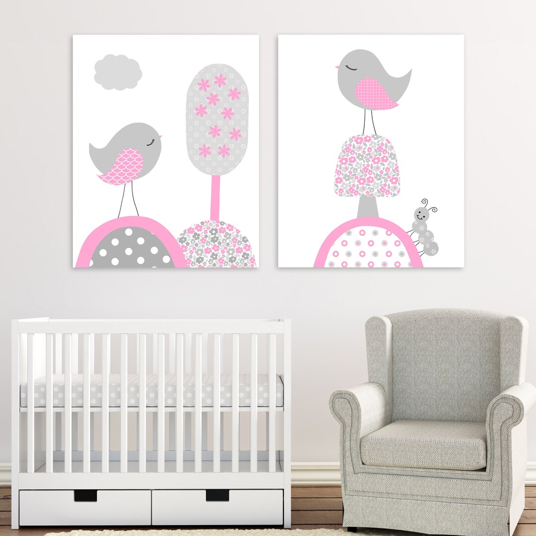 Bird Nursery Decor, Bird Wall Art, Baby Girl Bird Prints, Grey and Pink ...