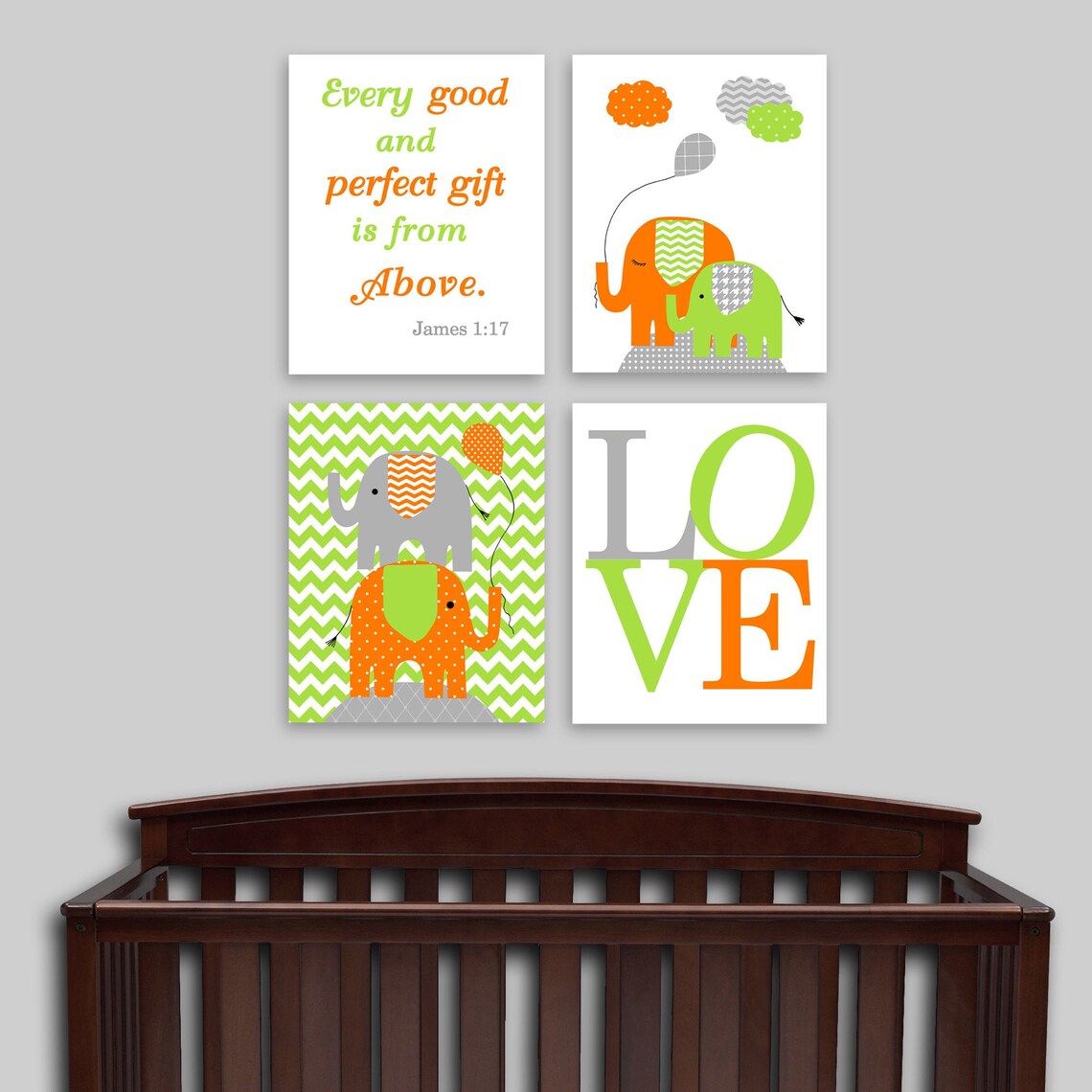 Elephant Nursery Art Lime Green Gray Orange Nursery Decor - Etsy