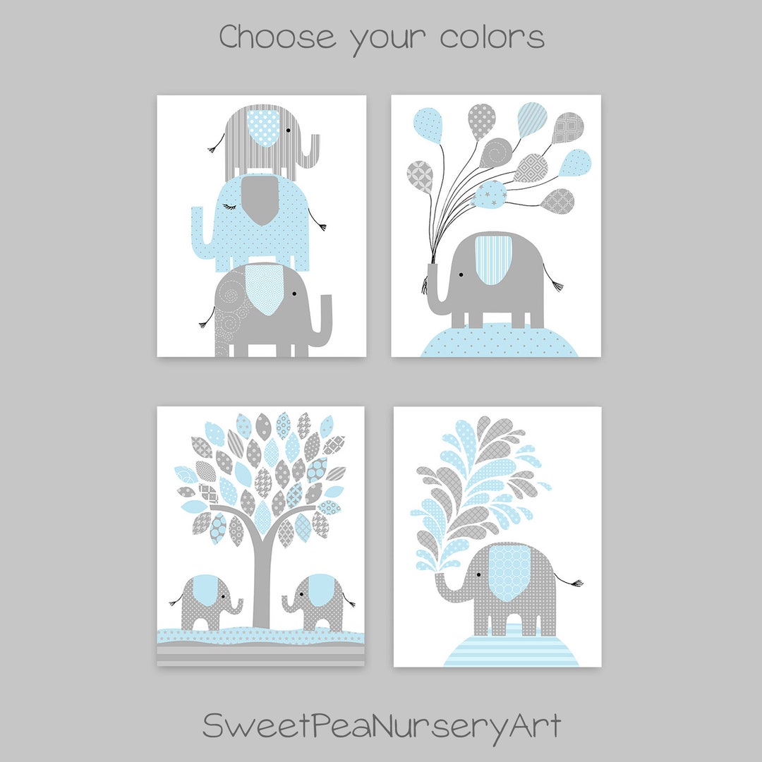 Light Blue and Gray Nursery Art Elephant Children's Decor Boy's Room ...