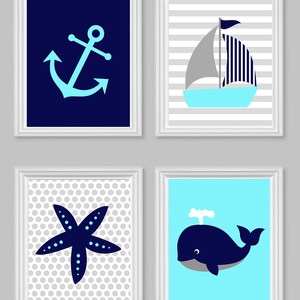 Nautical Nursery Wall Art Aqua Grey Navy Set of Four Prints | Etsy