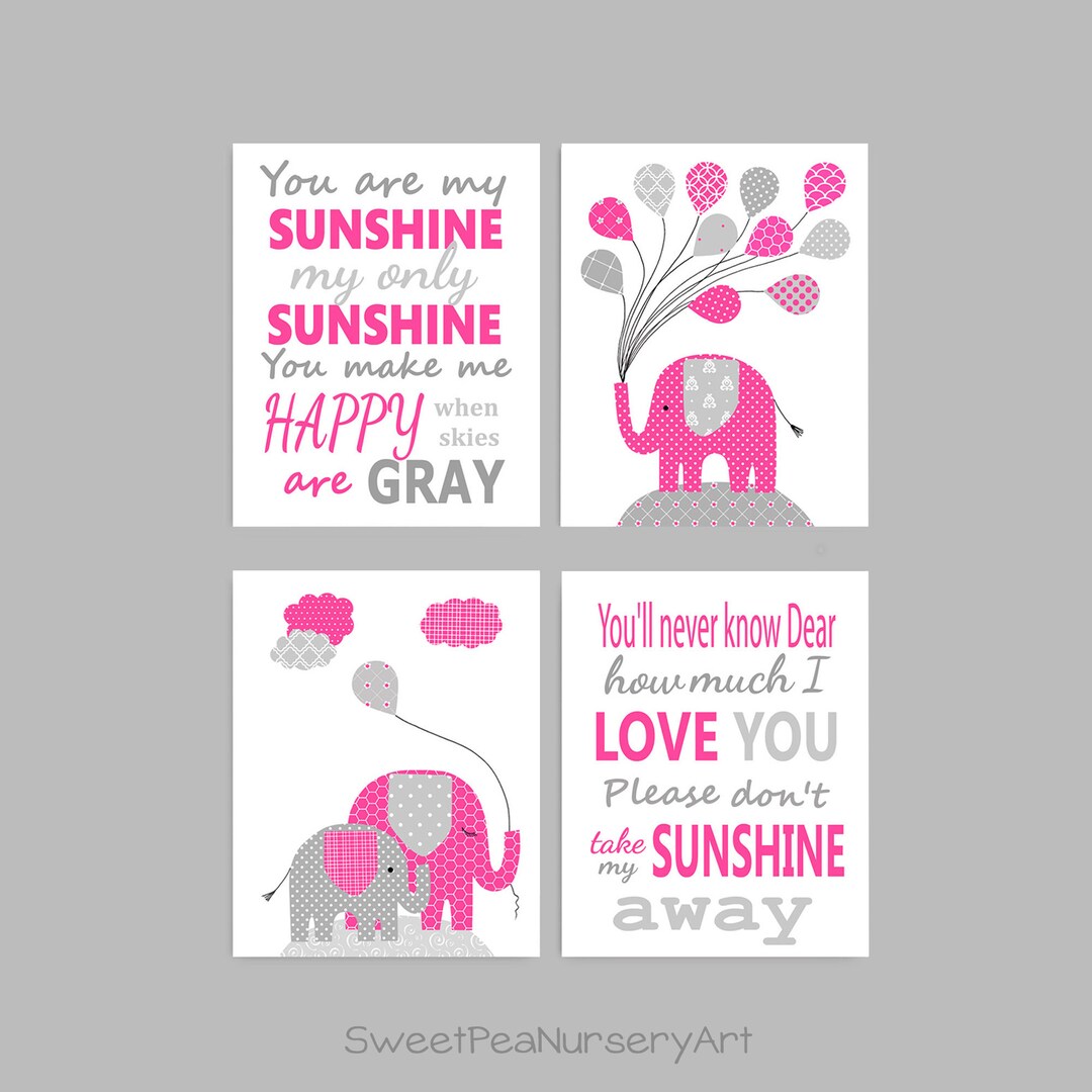 Grey and Fuchsia Elephant Nursery Art, You Are My Sunshine Lyrics Print ...
