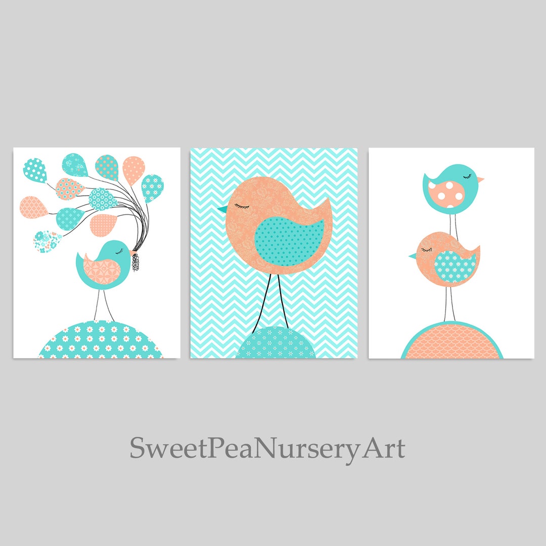 Bird Nursery Decor, Baby Room Bird, Peach and Teal, Baby Art Prints ...