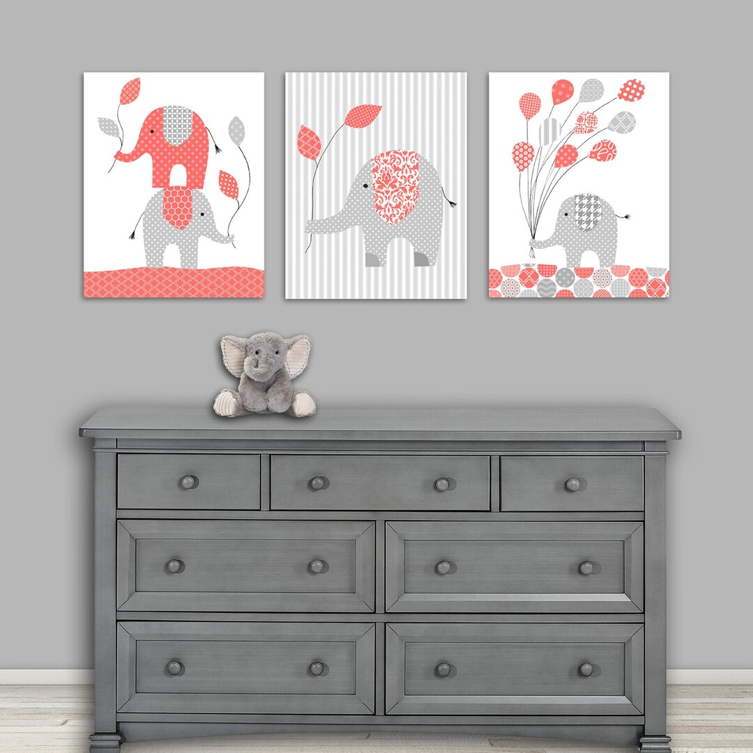 Coral and Gray Elephant Nursery Wall Art, Baby Girl Elephant Decor ...