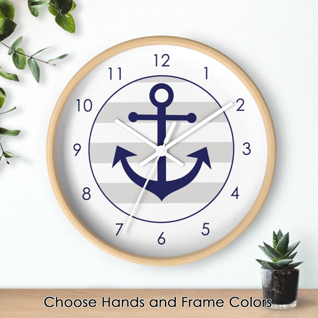 Navy and Grey Anchor Wall Clock, Quiet Tick Clock, Choose Hands & Frame ...