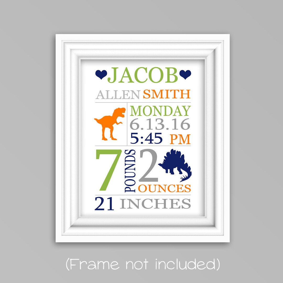 Dinosaur Birth Stats Print, Boy Birth Stats, Baby Name Art, Custom Baby ...