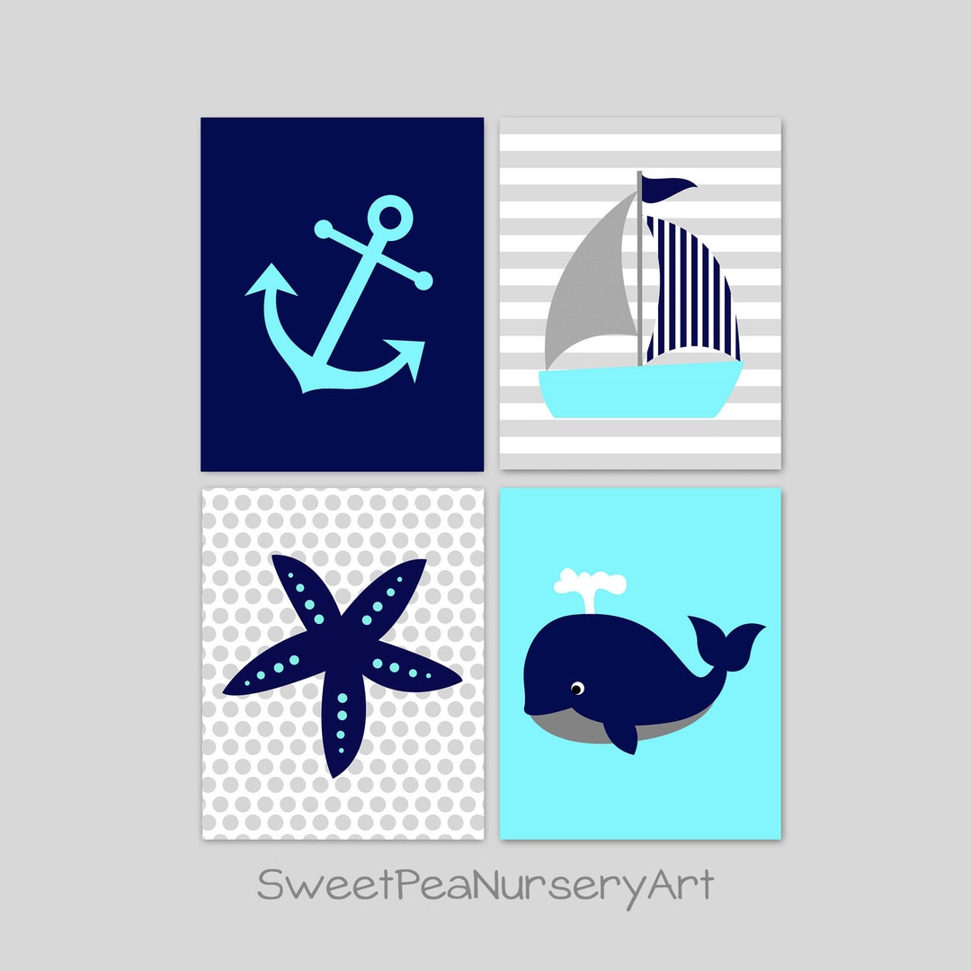 Nautical Nursery Wall Art Aqua Grey Navy Set of Four Prints - Etsy
