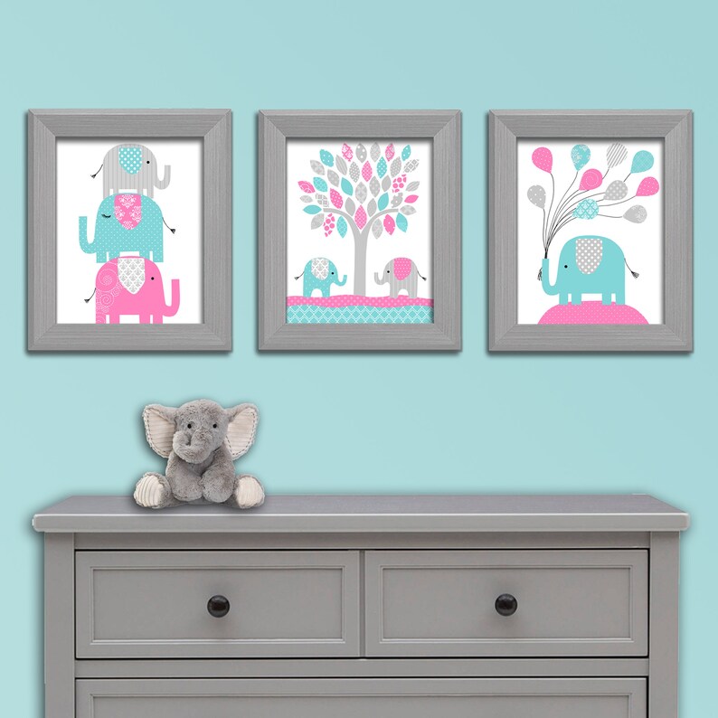 Elephant Nursery Art Elephant Decor Turquoise Pink Grey - Etsy