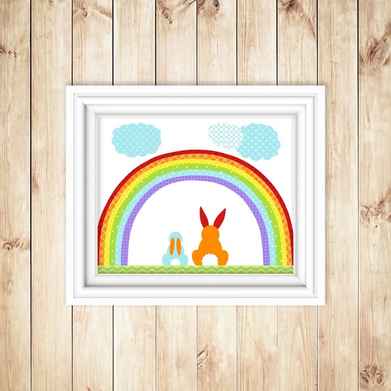 Bunny Nursery Art Rabbit Kids Decor Rainbow Print Baby Room | Etsy