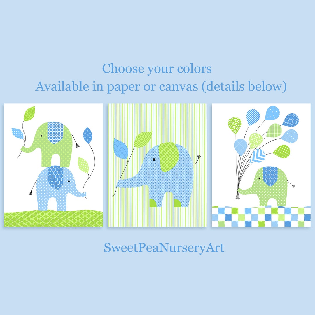 Elephant Nursery Art, Blue and Green, Baby Boy Decor, Elephant Canvas ...