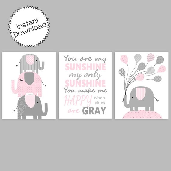 Printable Elephant Nursery Decor Pink and Grey Elephant - Etsy