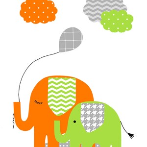 Elephant Nursery Art, Lime Green Gray Orange Nursery Decor, Baby Boy ...