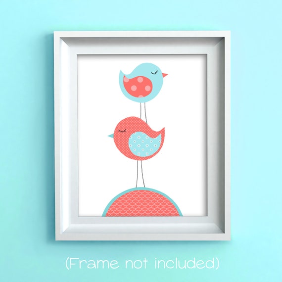 Bird Nursery Decor Baby Girl Nursery Art Aqua and Coral | Etsy