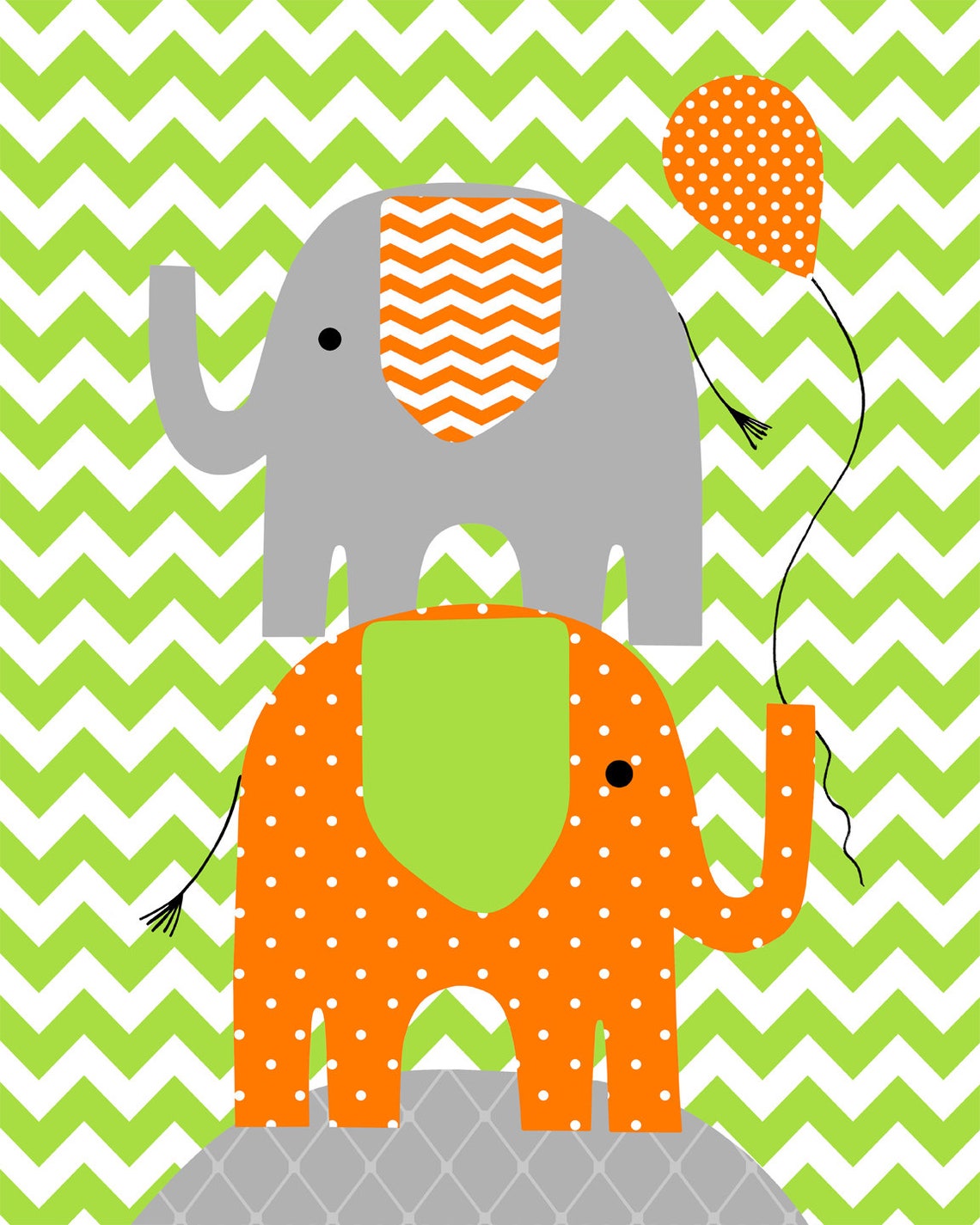 Elephant Nursery Art Lime Green Gray Orange Nursery Decor - Etsy