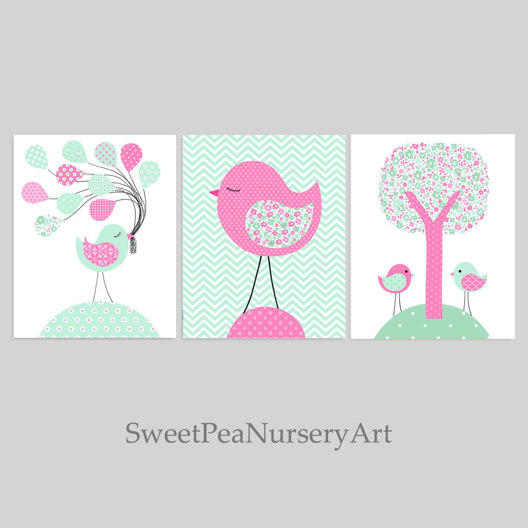 Pink and Mint Bird Nursery Art Prints: Girl's Room Decor, Set of 3 - Etsy
