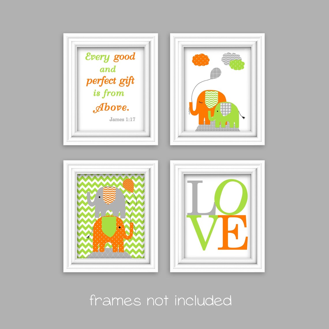 Elephant Nursery Art Lime Green Gray Orange Nursery Decor - Etsy