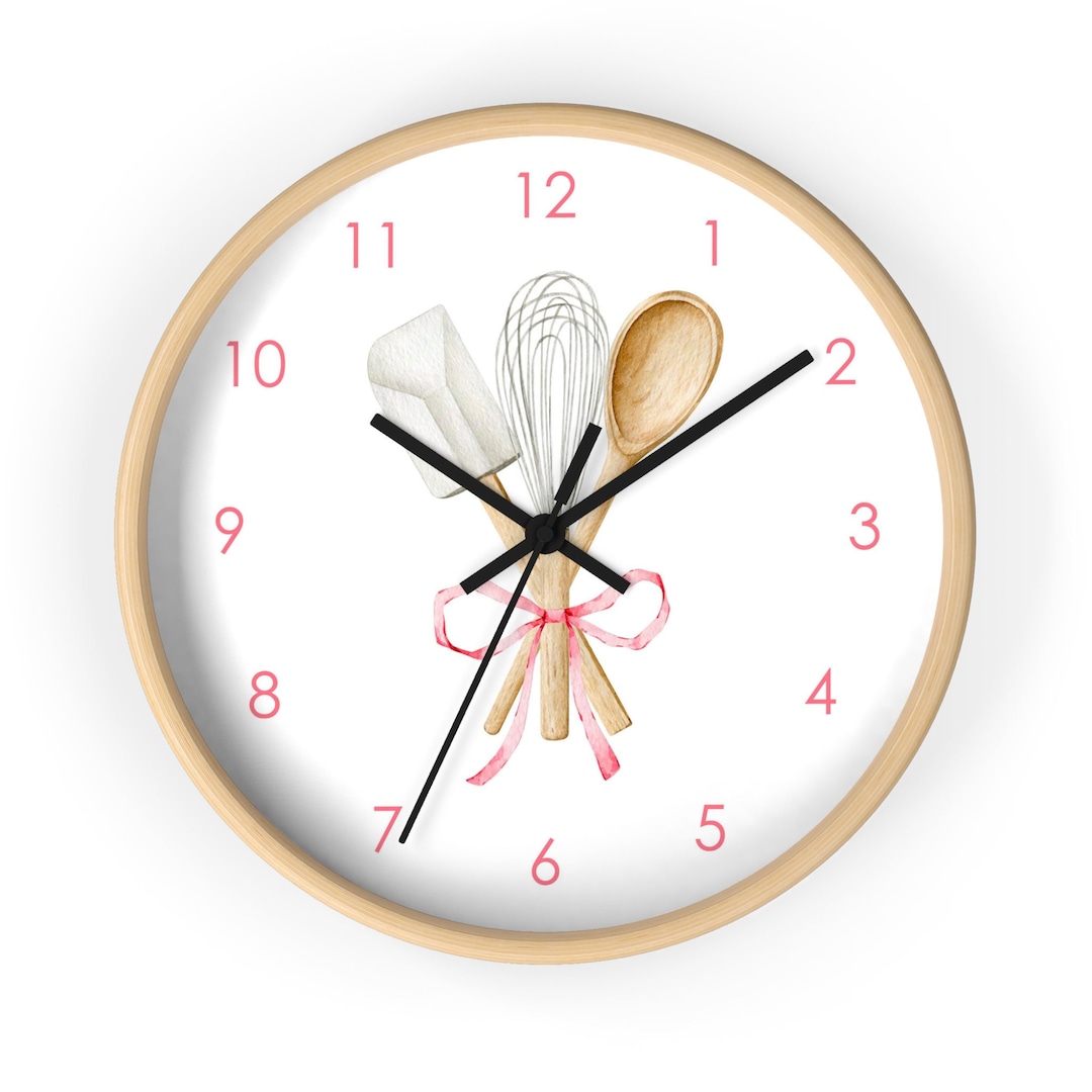 Kitchen Wall Clock With Baking Utensils | Pink Kitchen Decor | Bakery ...