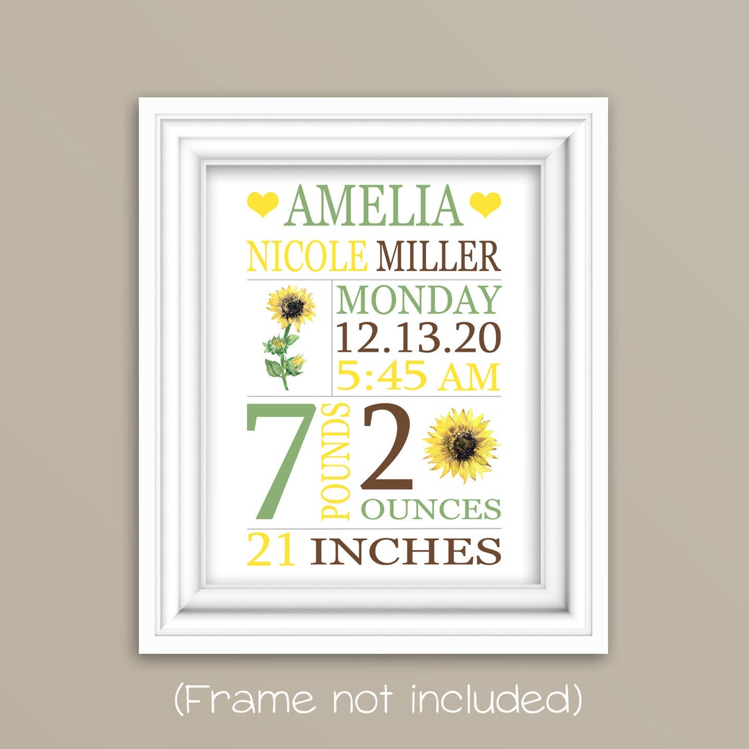 Sunflower Birth Stats Print, Personalized Baby Gift, Sunflower Birth ...