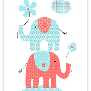 Aqua and Coral Nursery Elephant Nursery Decor Girl's Bedroom Decor Aqua ...
