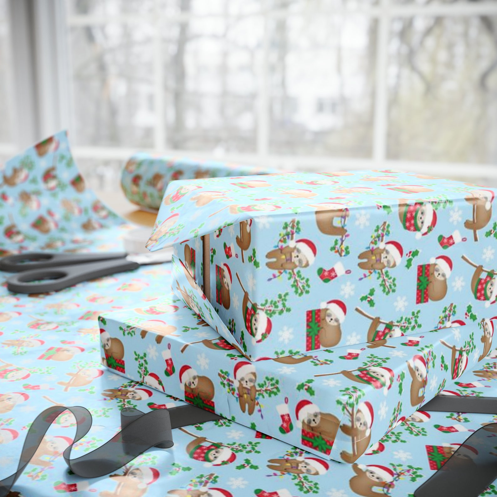 Sloth Christmas Wrapping Paper, Cute Sloth Xmas Gift Wrap, Three Sizes ...