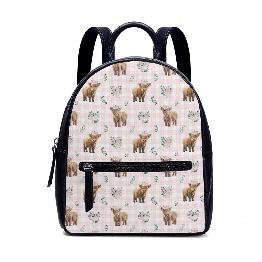 Highland Cow Mini Backpack, Pink Plaid, Small Bag, 8x4x9 Inches, Travel ...