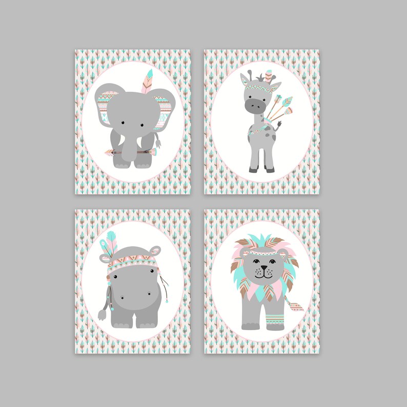 Baby Girl Tribal Nursery Art Prints Set of 4 Boho Zoo | Etsy