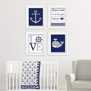 Nautical Nursery Wall Art, Set of 4 Prints, Canvas or Paper, Gray Navy ...