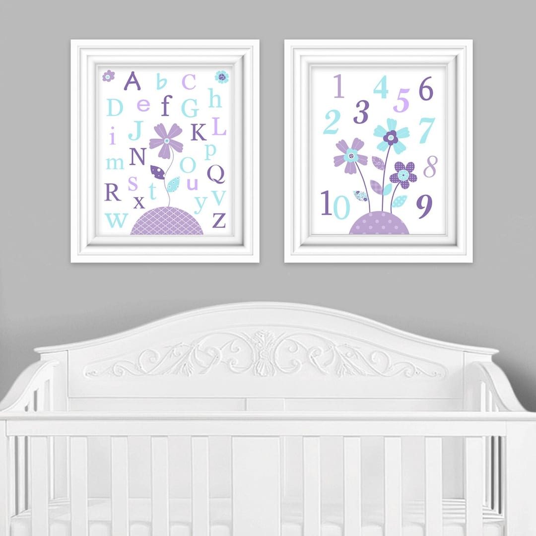 Nursery Alphabet Print, Aqua and Purple, Number Wall Art, Baby Art ...