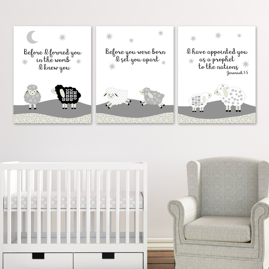 Grey and Cream Sheep Nursery Wall Decor, Set of 3 Prints, Scripture ...