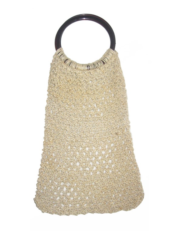 Vintage Natural Crochet Macrame Straw String Tote Han… - Gem