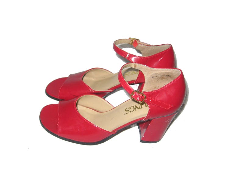 VTG Flings Red Patened Leather Caged Peep Toe Chunky High Heel Cut Out ...