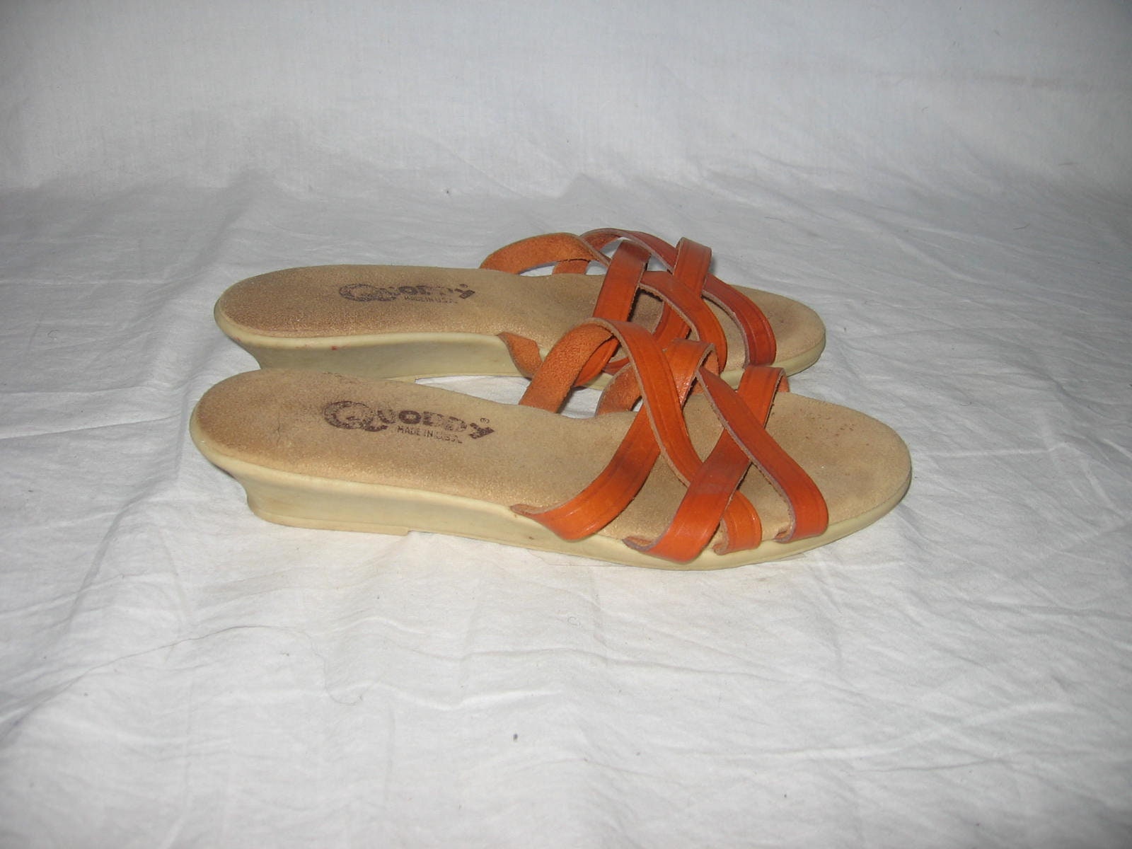 Vintage Quoddy Made in USA Tan Leather Beige Rubber Wedge High Heel ...