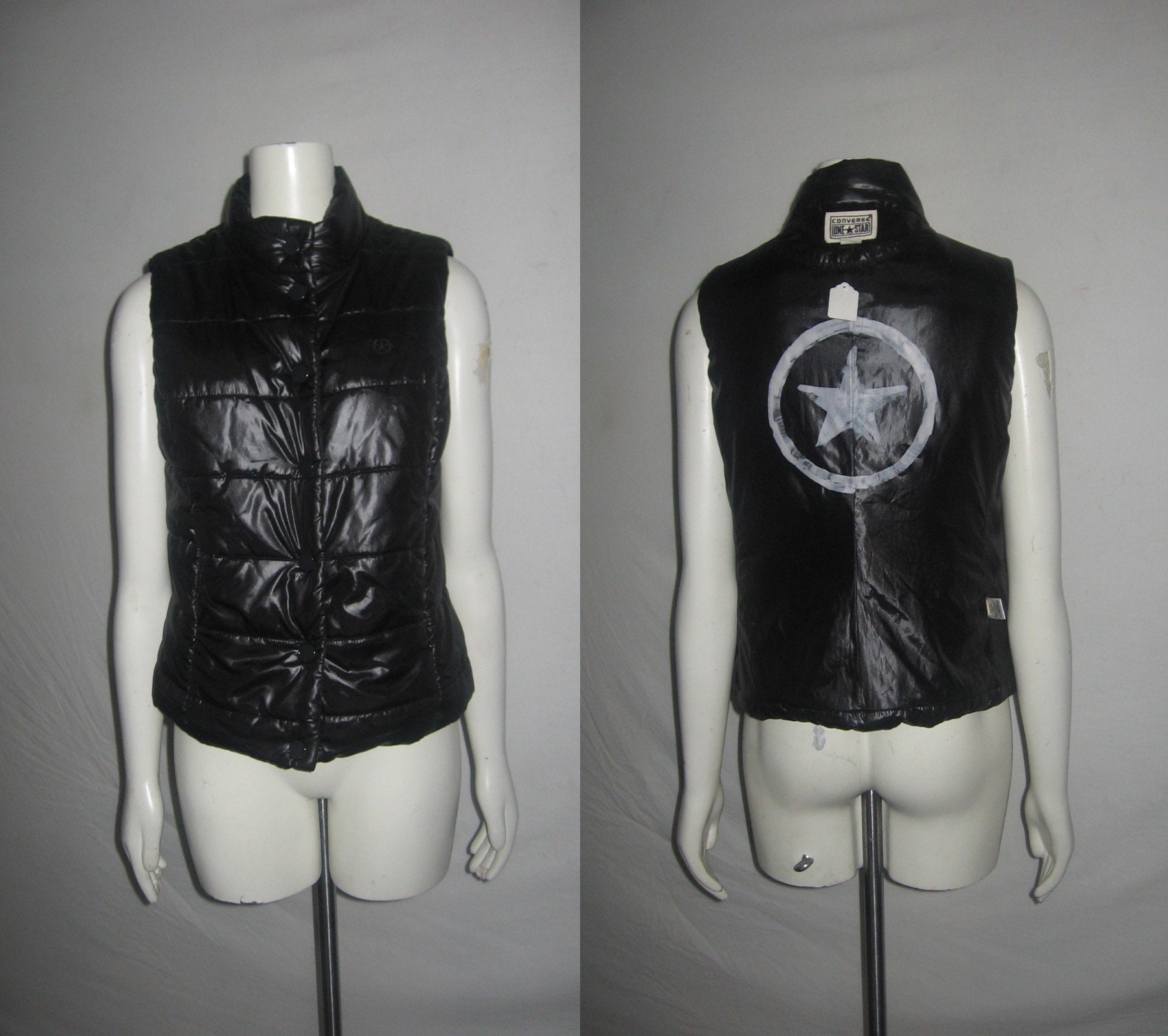 Vintage Converse One Star Black White Circle Star Painted Sleeve Puffer Quilted Reversible Snap Closure Multifunctional Ski Jacket Vest M Etsy