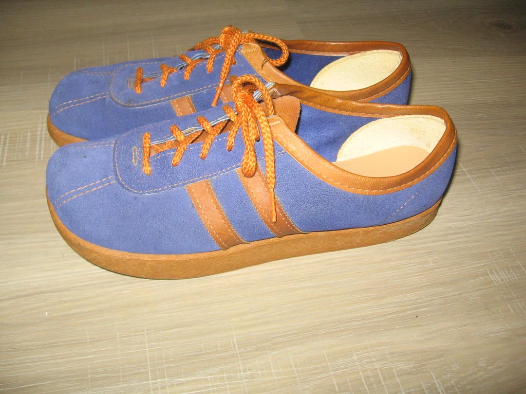 VTG Rare the Shoe Place Blue Tan Stripe Laced Classic Retro Unisex ...