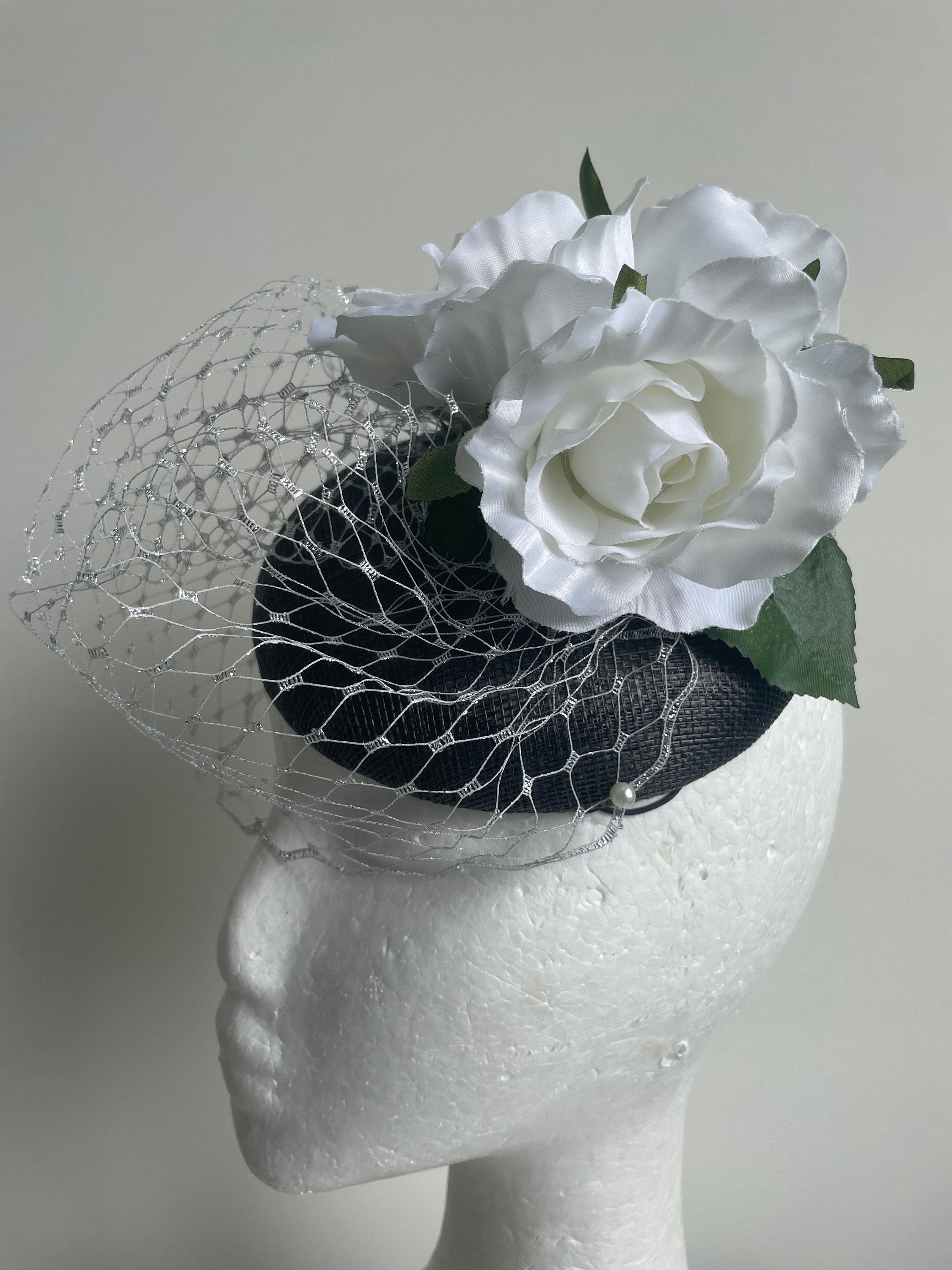 Silver and Grey Fascinator With Netting and White Flowers - Etsy