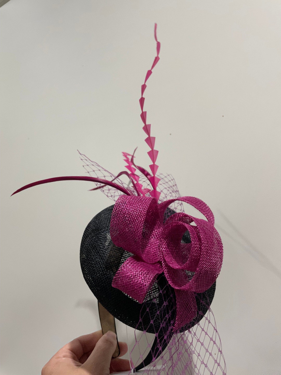 Black Fascinator Base With Magenta Loops, Netting and Feathers. Made to ...