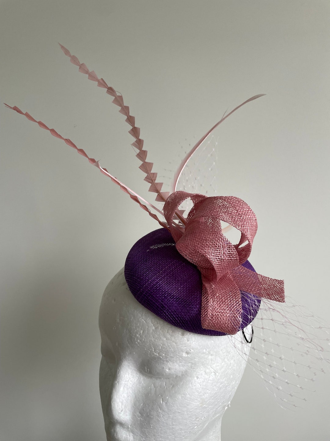 Purple Fascinator With Round Base and Pink Loops, Netting and Feathers ...