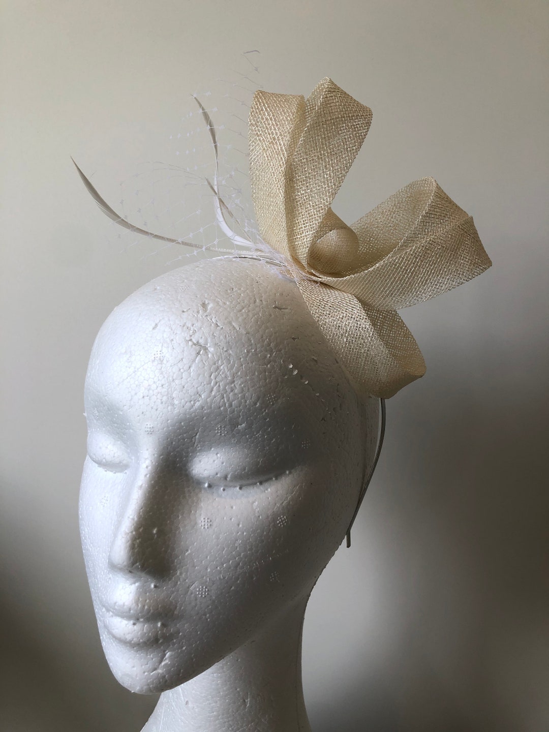 Cream Sinamay Fascinator With Feathers & Netting, Metal Headband - Etsy