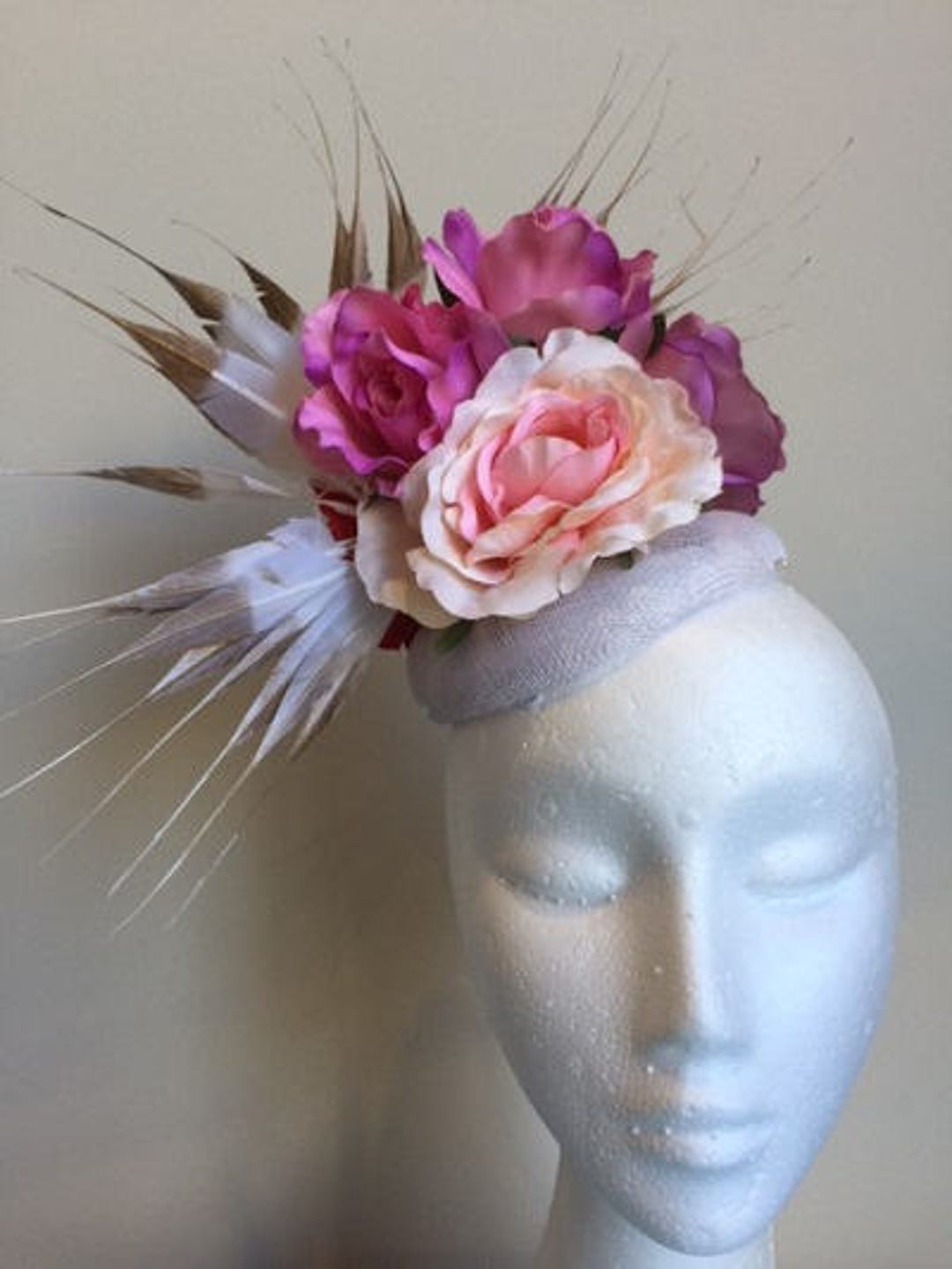 Gorgeous White Fascinator With Flowers and Gold Tipped Feathers on a ...