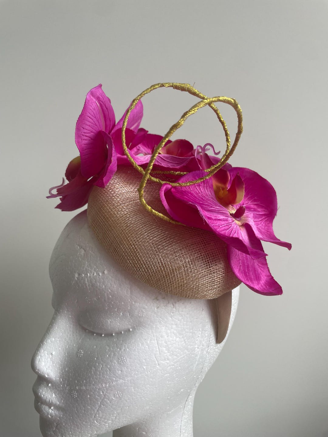 Cream Fascinator With Gold Loops and Magenta Orchids on a Headband - Etsy